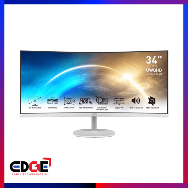 34″, MSI Pro MP341CQW Curved White Monitor, UWQHD 3440×1440, VA, 1ms ...